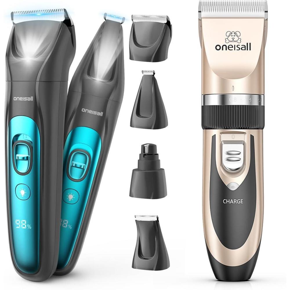 oneisall Dog Clipper Low Noise and LED Light Dog Grooming Kit 4 in 1 ...